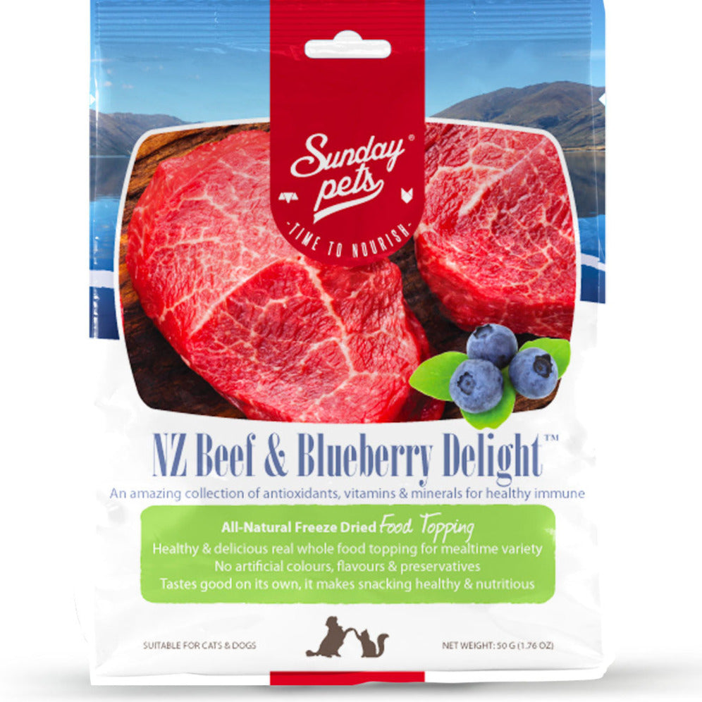 sunday pets - beef and blueberry delight treats & topper (1.76 oz)